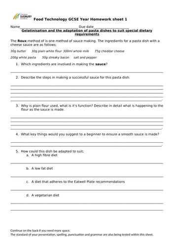 GCSE Food Homework sheets | Teaching Resources