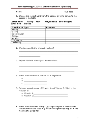 GCSE Food Homework sheets | Teaching Resources