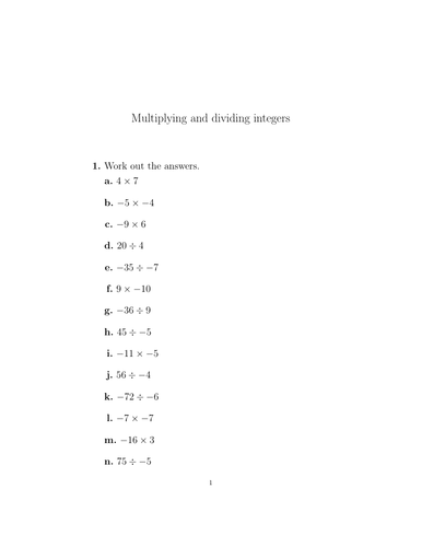 Multiplying and dividing integers worksheet no 2 (with answers ...