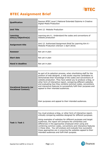 BTEC LEVEL 3 Media Extended Diploma | Unit 12: Website Production | LOA ...
