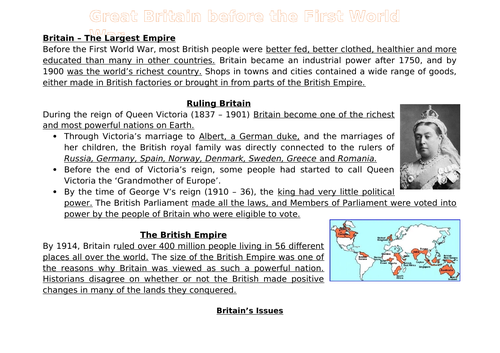 What was Britain like before the First World War | Teaching Resources
