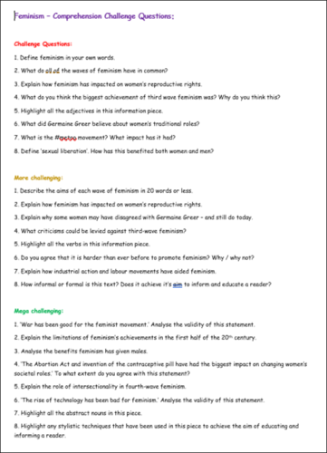 Feminism Reading Comprehension | Teaching Resources