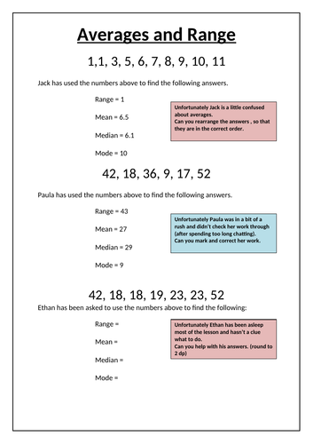 Averages and Range-Spot the mistakes | Teaching Resources