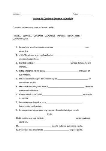 Spanish Verbs of Change - Verbos de Cambio | Teaching Resources