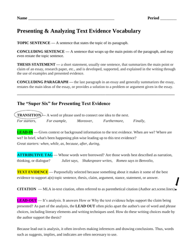 ROMEO AND JULIET WRITING UNIT: Selecting, Presenting, and Analyzing ...