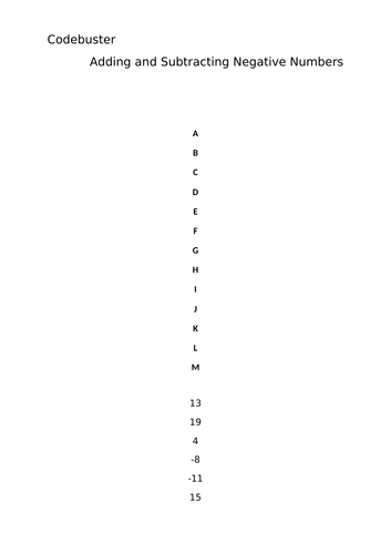 Differentiated Codebreaker: Adding and Subtracting Negative Numbers ...