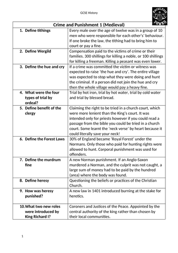 Crime and Punishment knowledge organiser and tests - Edexcel 9-1 ...