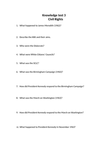 Civil Rights and Vietnam War knowledge organiser and tests - Edexcel 9 ...