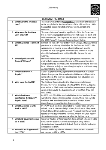 Civil Rights and Vietnam War knowledge organiser and tests - Edexcel 9 ...
