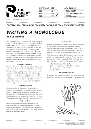 Writing a Monologue by Sue Dymoke | Teaching Resources