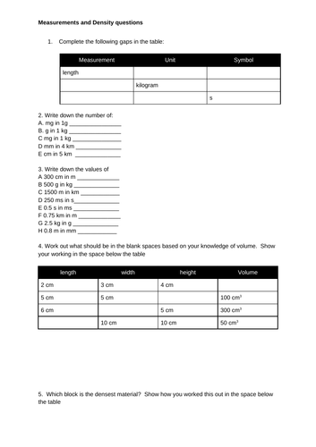 Measurements and Density worksheet (with answers) | Teaching Resources