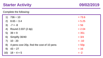 10 Question Maths Starters - Mixed Topics Level 1 | Teaching Resources