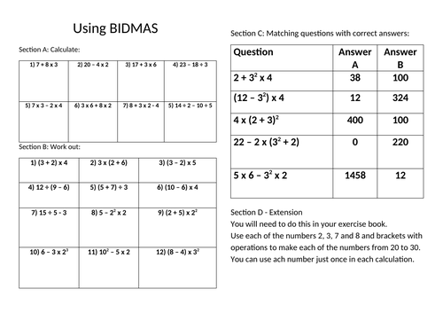 Year 7 and 8 KS3 Mathematics BIDMAS resource bundle | Teaching Resources