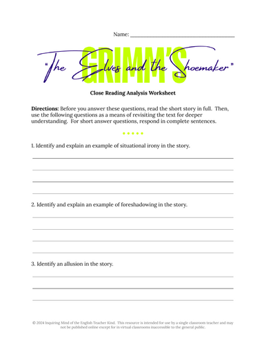 "The Elves and the Shoemaker" by the Brothers Grimm Close Reading ...