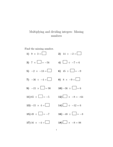 Multiplying and dividing integers: Missing numbers worksheet (with ...