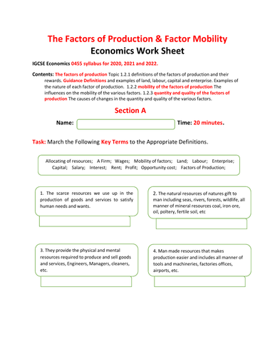 Work Sheet IGCSE Economics and Business Studies - The factors of ...