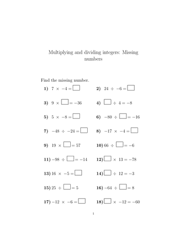 Multiplying and dividing integers: Missing numbers worksheet no 2 (with ...