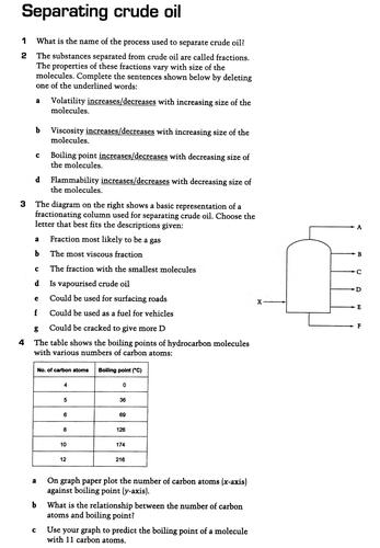 AQA GCSE Chemistry C9 Crude OIl & Fuels Worksheets | Teaching Resources