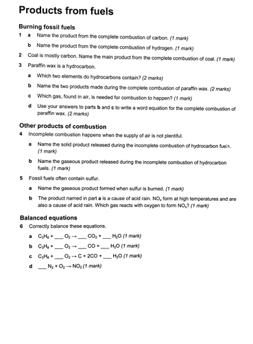 AQA GCSE Chemistry C9 Crude OIl & Fuels Worksheets | Teaching Resources