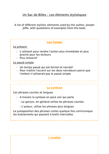 Stylistic Elements of Un Sac de Billes - French A Level | Teaching ...