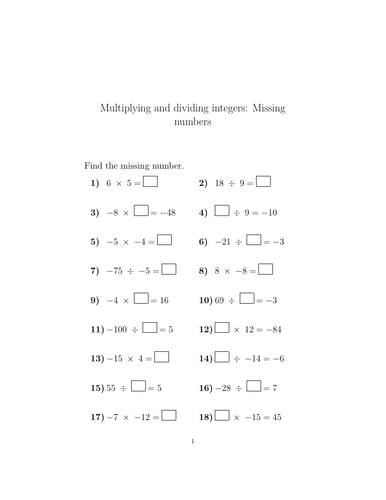Multiplying and dividing integers: Missing numbers worksheet no 3 (with ...