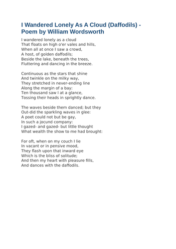 I Wandered Lonely As A Cloud (Daffodils) - Poem by William Wordsworth ...
