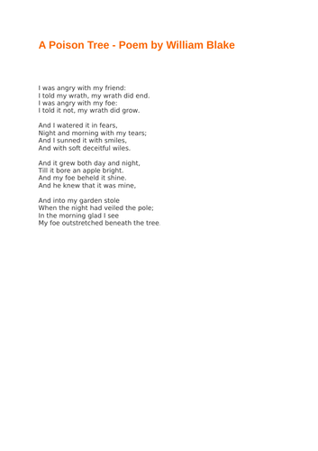 A Poison Tree - Poem by William Blake | Teaching Resources