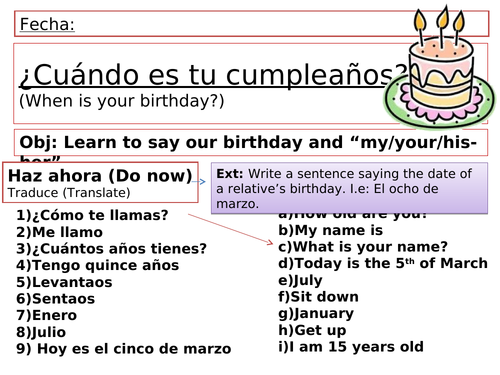 Lesson 7 Spanish Birthdays and possessive adjectives | Teaching Resources
