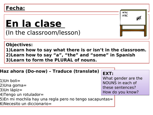 Lesson 10 Spanish classroom objects and plurals | Teaching Resources