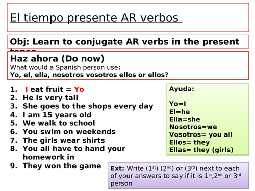 Lesson 17 Spanish present AR verbs | Teaching Resources