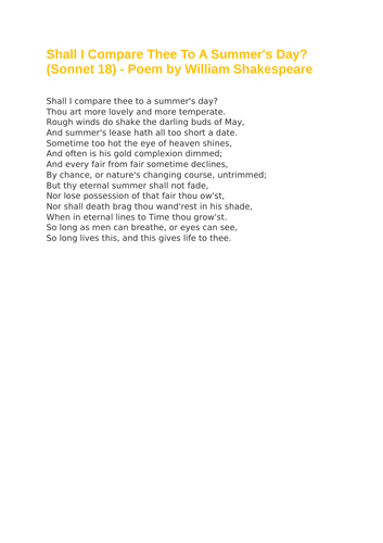 Shall I Compare Thee To A Summer's Day? (Sonnet 18) - Poem by William Shakespeare | Teaching ...