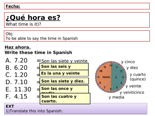Lesson 32 Telling the time. La hora | Teaching Resources