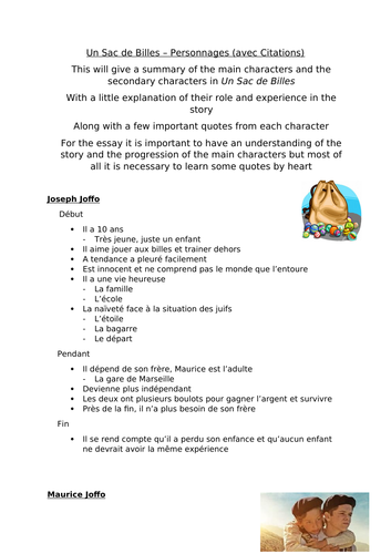 Characters of Un Sac de Billes - French A Level | Teaching Resources