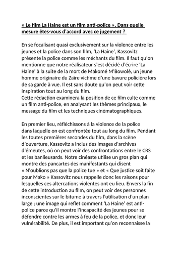Long French A Level example essay on La Haine: « Le film La Haine est ...