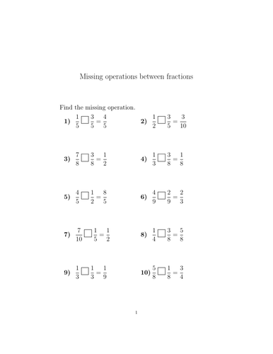 Missing operations between fractions worksheet (with answers ...