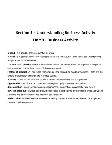 IGCSE - Business Studies - Section 1 - Understanding Business Activity ...
