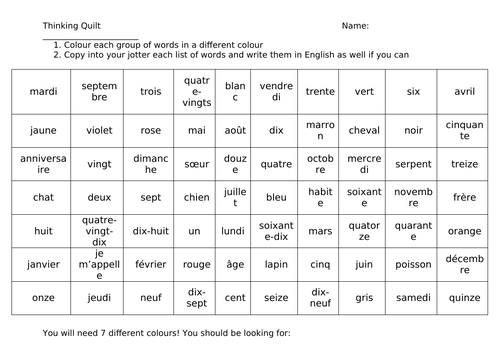 French basic vocabulary thinking quilt (numbers, months, colours ...