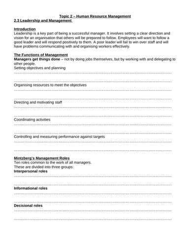 IB Business Management - Unit 2 - Human Resource Management ...