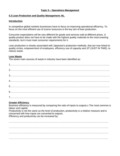 IB Business Management - Unit 5 – Operations Management – Worksheets ...