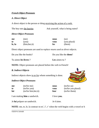 French Direct and Indirect Object Pronouns Handout + Worksheet (Pronoms ...