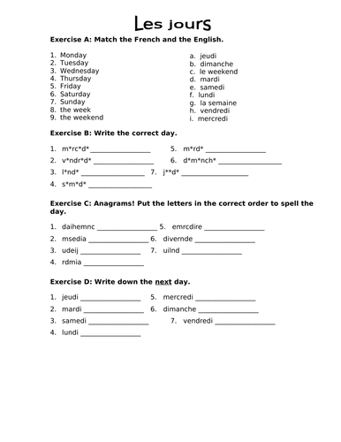French Days of the week worksheet | Teaching Resources