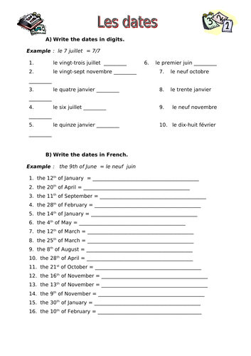 French months and dates worksheet | Teaching Resources