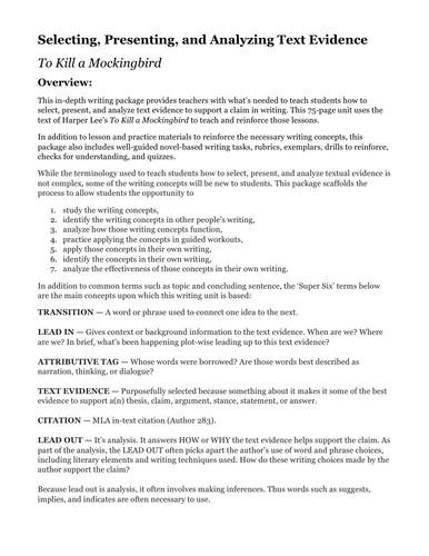 To Kill A Mockingbird — Presenting Text Evidence Writing Unit — 80 ...