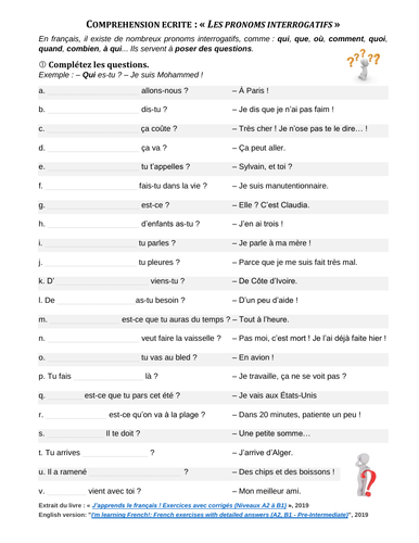 French Interrogative Pronouns - Worksheet (22 sentences with gaps to ...