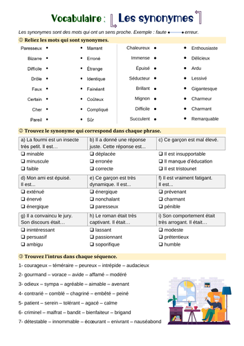 Synonyms in French (les synonymes) - Worksheet with 3 exercises ...