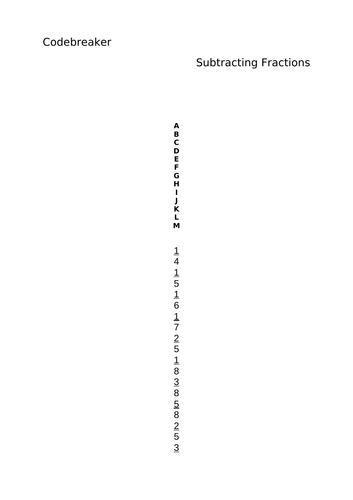 Differentiated Codebreaker Subtracting Fractions Teaching Resources