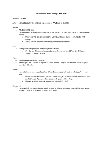 Introduction to WW1 war poetry for Year 7 / Year 8 | Teaching Resources