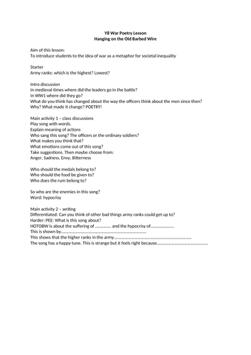 Hanging On The Old Barbed Wire - WW1 poetry lesson (Y7 or Y8 ...