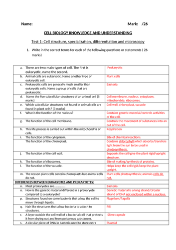 Biology end of topic knowledge test: plants and animal cells for pre ...