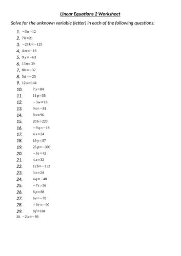 Solving Linear Equations 2 including worksheet and solutions | Teaching ...